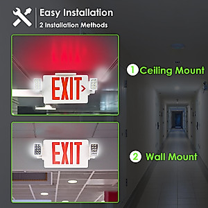Gruenlich LED Combo Exit Sign, Emergency Light with 2 Adjustable Heads and Double Face, Back Up Batteries- US Standard Red Letter EXIT, UL 924 Qualified, 120-277 Voltage, 1-Pack