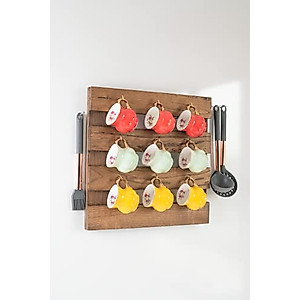 Coffee Mug Holder, Rustic Mug Rack Wall Mounted - 9 Cup Hangers; Farmhouse Wooden Coffee Mug Display and Cup Organizer - Distressed Coffee Cup Rack Organizer Hanger, Kitchen Mug Display Storage