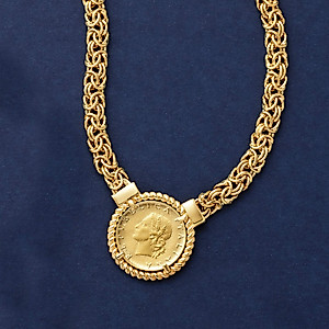 Ross-Simons Italian 18kt Gold Over Sterling Replica Lira Coin Byzantine Necklace. 18 inches