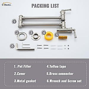 Double Handles Folding Pot Filler Kitchen Faucet with 360 Degrees Swing Arm Single Hole Brass Wall Mount Pot Filler Facuet Dual Joints Brushed Nickel