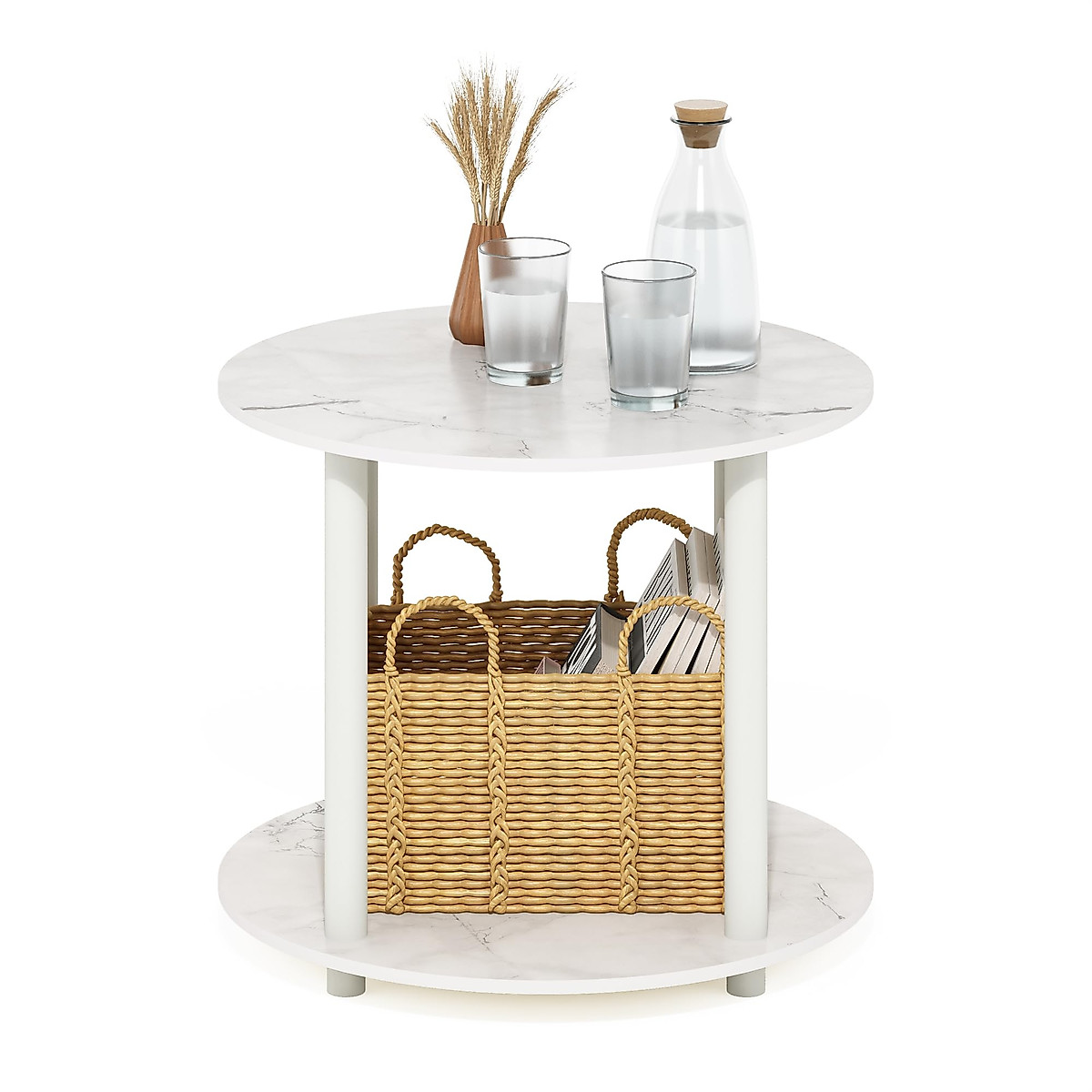 Furinno Turn-N-Tube Simple Design 2-Tier Round Wooden Small Coffee Table, Marble White