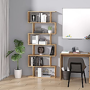 HOMCOM 75.5" H Bookcase 6 Shelf S-Shaped Bookshelf Wooden Storage Display Stand Shelf Organizer Free Standing Oak