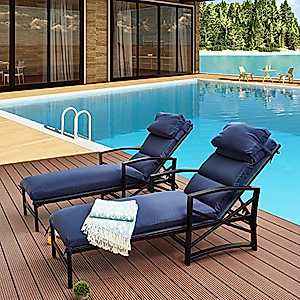 LOKATSE HOME Outdoor Patio Chaise Lounge Chair with Adjustable Backrest and Arms Metal Lounger Furniture All Weather, Blue