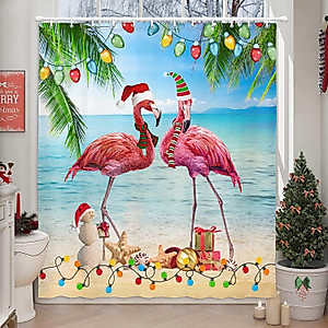 Christmas Shower Curtain, Bright Tropical Christmas Beach Red Flamingo Shower Curtain, Funny Xmas Holiday Shower Curtain, Vintage Merry Christmas Shower Curtain for Bathroom with 12PCS Hooks, 70X70IN