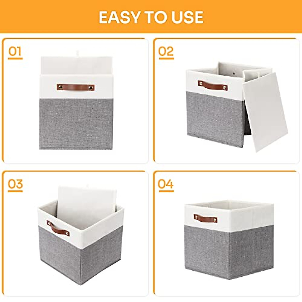 DULLEMELO Storage Cubes 12 inch, Collapsible Sturdy Cube Storage Bins With Handles for Organizing,Fabric Storage Baskets for Shelves Nursery Closet Home Organization and Storage (White&Grey-4 Pack)