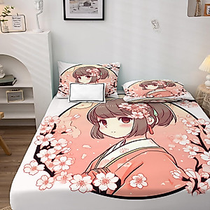 Cherry Blossom Sheets Full Size, Sakura Anime Bed Sheets, Patterned Bedding Sheets & Pillowcases 4 Piece Set - Soft Microfiber Deep Pocket Fitted Sheet & Flat Sheet & 2 Pillow Cases Z9-&-198