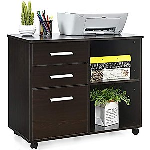 Giantex 3-Drawer File Cabinet, Mobile Lateral Filing Cabinet with Wheels, Large Printer Stand with 3 Drawers and Open Storage Shelves, Multifunctional Storage Cabinet for Home Office (Espresso)