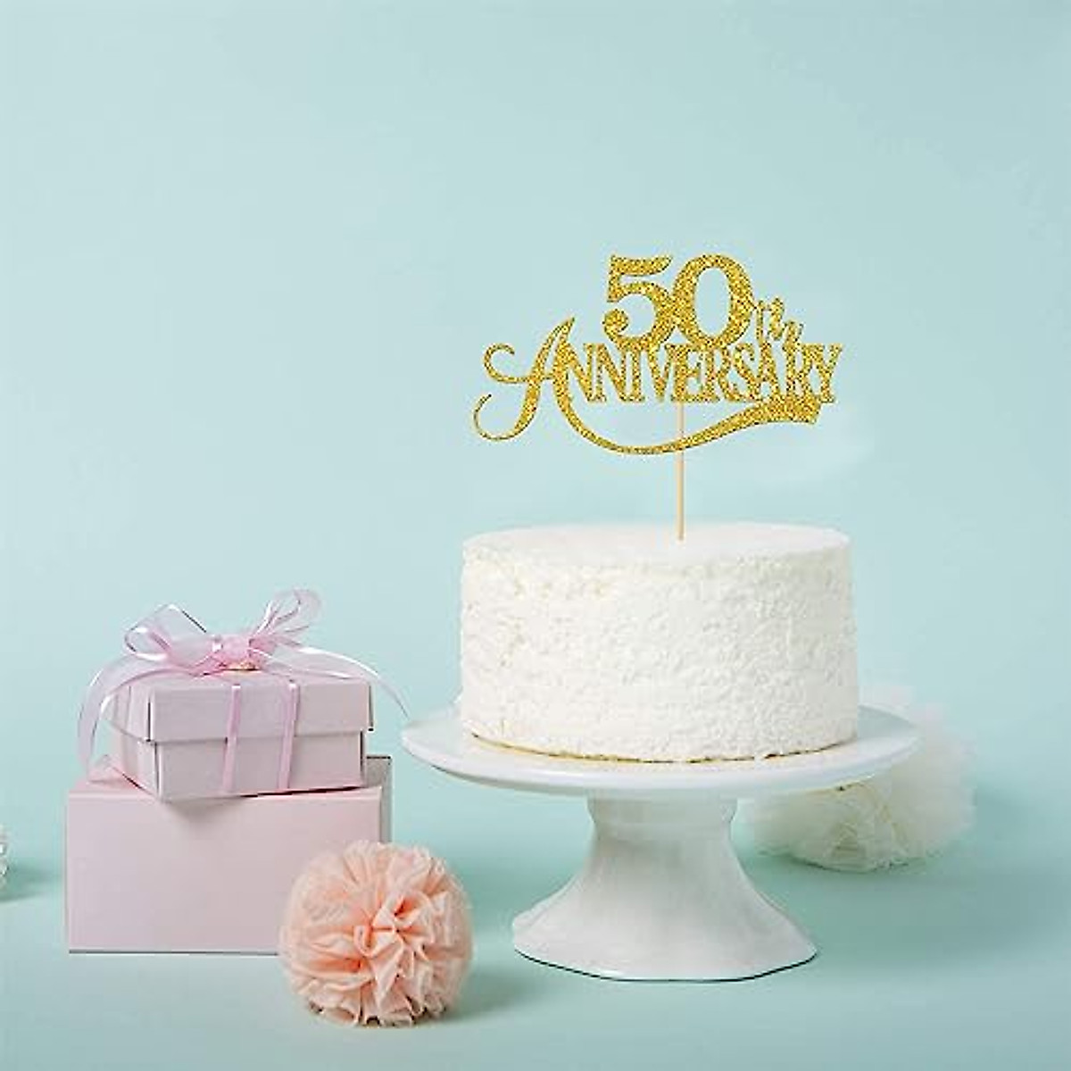 Gold Glitter 50th Anniversary Cake Topper - for 50th Wedding Anniversary / 50th Anniversary Party / 50th Birthday Party Decorations