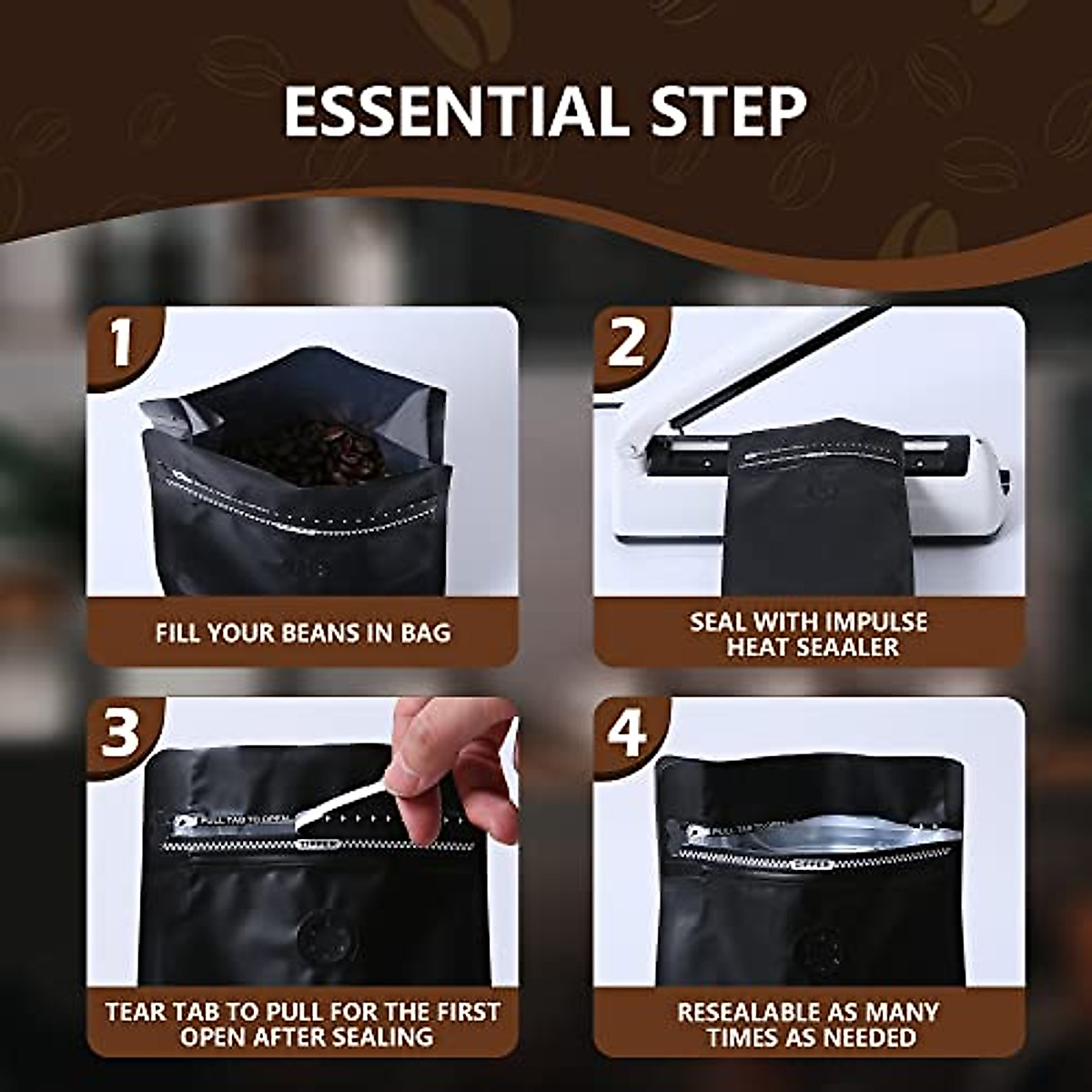 Coffee Bags with Valve - 50 Count Resealable Flat Bottom Pouch - 8 Ounce Vented Coffee Packages Bags with Zipper by Absorated