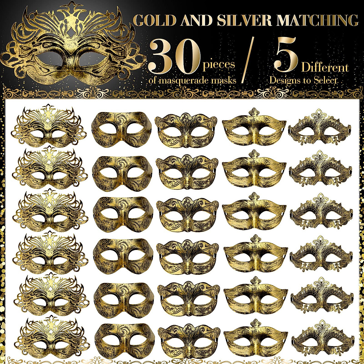 Yunsailing 30 Pieces Masquerade Masks Venetian Mardi Gras Antique Masks with Strap for Women Men Carnival Prom Mask Party(Gold)