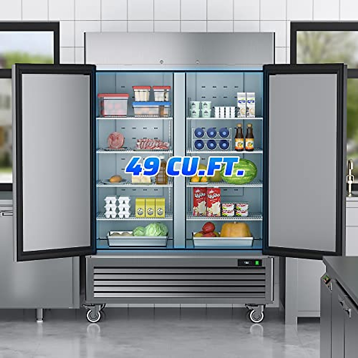 COTLIN 54" Commercial Refrigerators 2 Door Stainless Steel Reach in Refrigerator, 49 Cu.Ft Air Cooler Bottom Mount Commercial Fridge with 8 Shelves for Restaurant Kitchen Cafe Garage, ETL NSF Approved