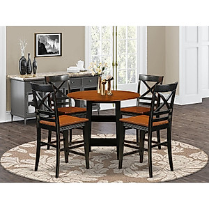 East West Furniture SUQU5H-BCH-W 5 Piece Counter Height Pub Set Includes a Round Dining Table with Dropleaf & Shelves and 4 Kitchen Chairs, 42x42 Inch, Black & Cherry