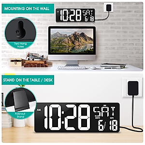 Tetino Large Digtal Wall Clock,16.5Inch LED Display Aram Clock with Auto-Dimming,Date,Indoor Temp,UP&Down Timer,12/24H System,Week,for Home Office,Kids, Gym,Classroom,Livingroom. (White)