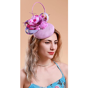 Cizoe Fascinators Hat for Women Kentucky Derby Headpiece Tea Party Hats Feather Wedding Headware Bridal Headpiece(lavender)