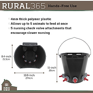 Rural365 Lamb Feeder Bucket - 8L Livestock Bucket with 5 Teat Animal Feeding Nipples Milk Feed for Calf Sheep and Goat