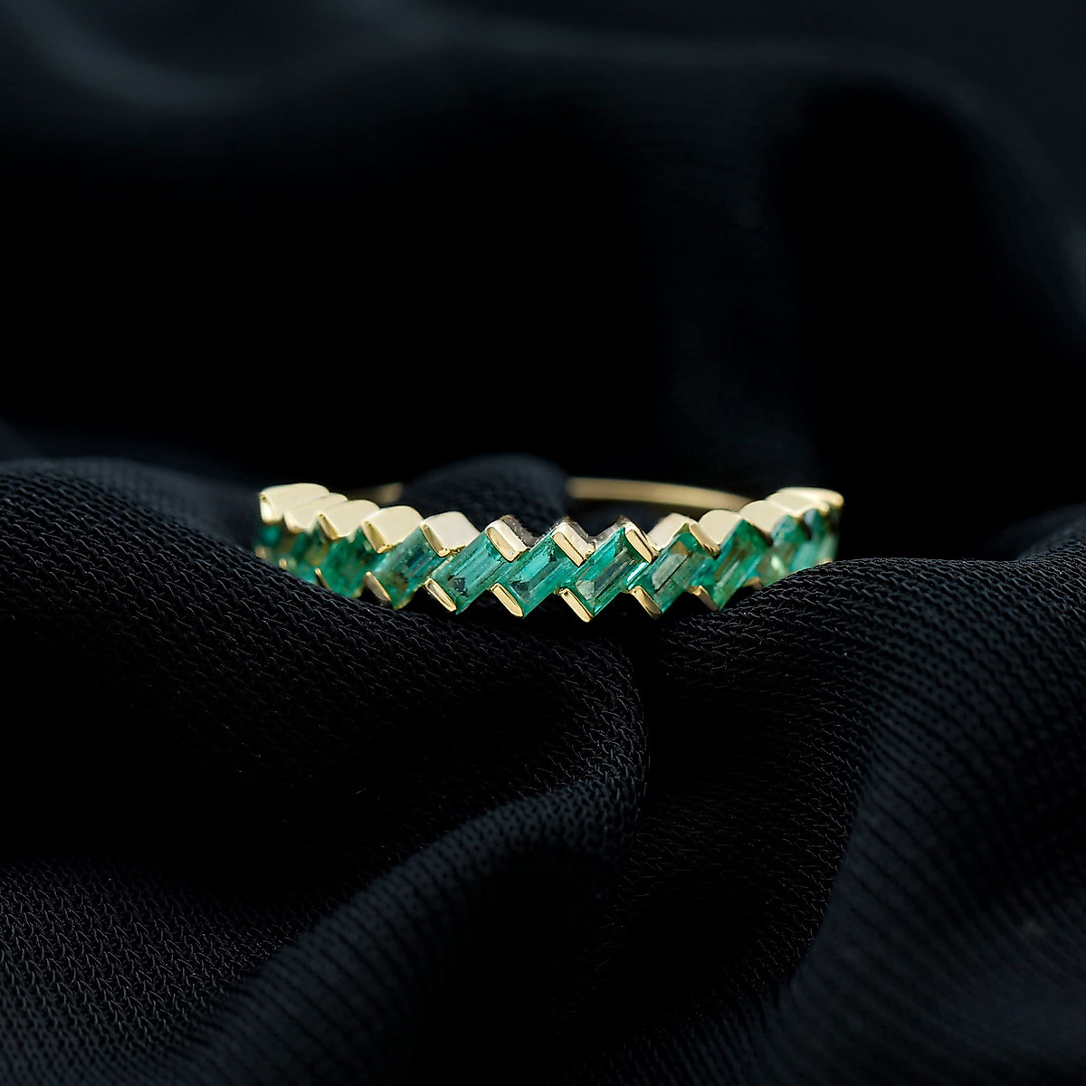 Rosec Jewels Certified Natural Baguette Emerald Ring for Women, AAA Quality, Half Eternity Band (Ideal for Gift), 14K Yellow Gold, Size:US 11.00