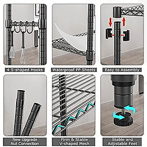 JEROAL 4 Tier Wire Shelving Unit, Adjustable Height Storage Shelf Display Rack with 4 S-Shaped Hooks, 21.25" D×11.4" W×46.45" H Standing Heavy Duty Metal Shelving for Laundry Bathroom Kitchen