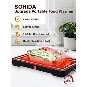 SOHIDA Portable Heated Lunch Box, 12V/24V/110V Conduction Heating Portable Food Warmer for Adults, Mini Portable Microwave 9.06"x6.61"x0.98" with Carry Bag, Easy to Use Car Food Warmer