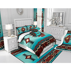 Southwest Comforter Set Queen Size,Geometric Aztec Tribal Striped Print Quilt Set Rustic Western Bedding Set for Kids Girls Woman Men Room Decor,Adult Retro Turquoise Red Duvet Insert 3Pcs