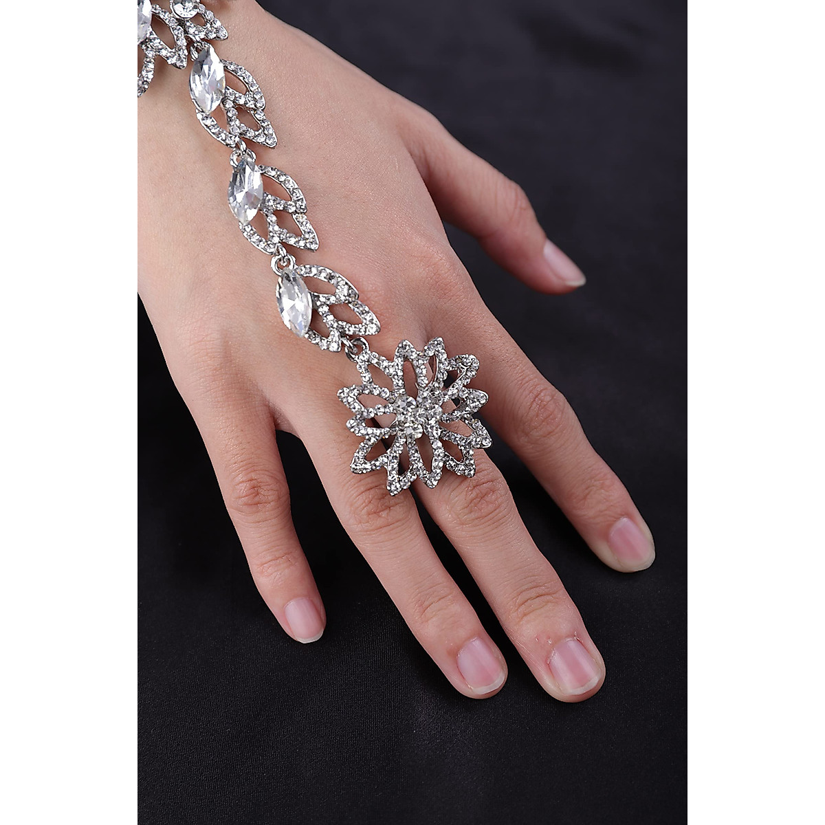 YERTTER Dainty Spark Shining Rhinestone Crystal Hand Chain Bracelet with Finger Ring Flower Slave Link Bracelet Wedding Bridals Hand Jewelry (Style 13)