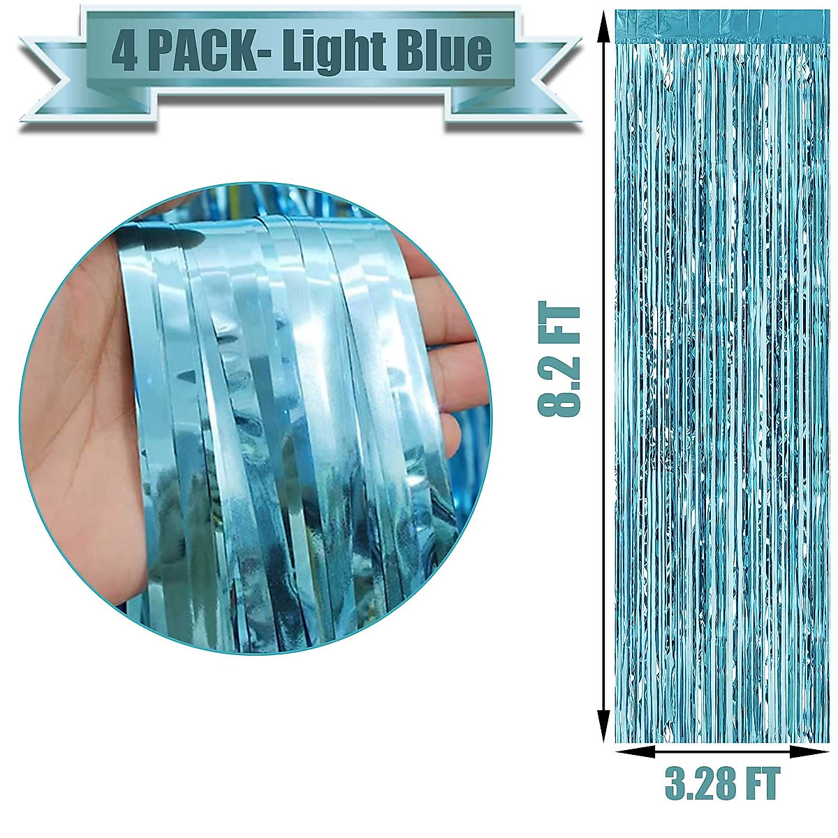 HalloweenDecorate 4 Pack Light Blue Foil Fringe Curtain Backdrop, 3.28Ftx8.2Ft Metallic Tinsel Streamer Curtains for Party, Photo Booth Props, Birthday, 2022 Graduation Decoration Party Supplies