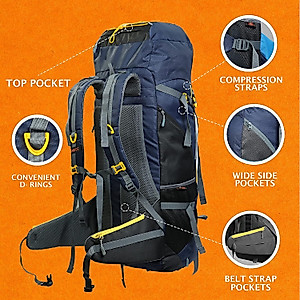TRAWOC 65 Liter Internal Frame Trekking Hiking Backpack Travel Bag Front & Top Loading Rucksack/Water Proof Rain Cover/Shoe Compartment, HK010