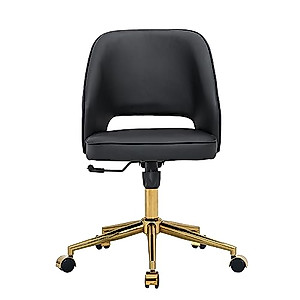 voqoomkl PU Home Office Chair, 360° Swivel Desk Chair with 5 Wheels and Gold Metal Base, Adjustable Height Armless Computer Chair for Living Room Bedroom Study, Black