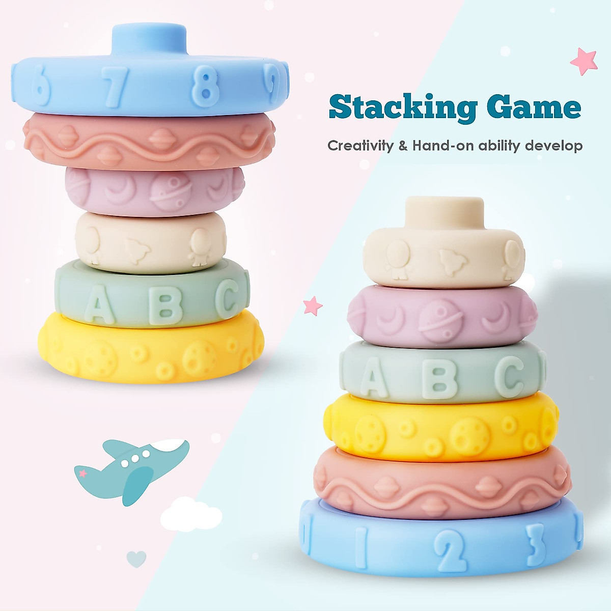 NiToy 6PCS Stacking & Nesting Building Ring Teether Stacker Toy for Boys and Girls, Educational Rainbow Tower Wheels Soft Silicone Circle Squeeze Toy with Letter Number Graphic Engaging Early Learning