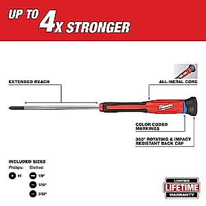Milwaukee 48-22-2604 4-Piece Precision Screwdriver Set with 360 Degree Rotating Back Caps and Color Coded Identification Markings