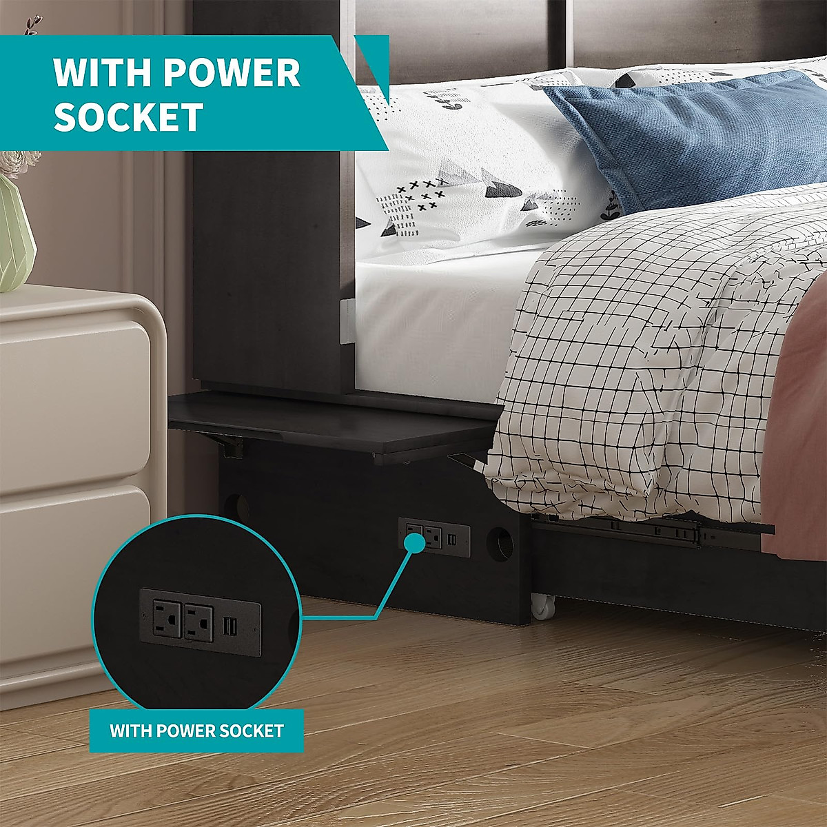 BALUS Murphy Bed, USB Charging Station, Furniture Murphy Cube Cabinet Bed, Queen Size Memory Foam Mattress in a Foldable Cabinet, Storage Drawer-Grey