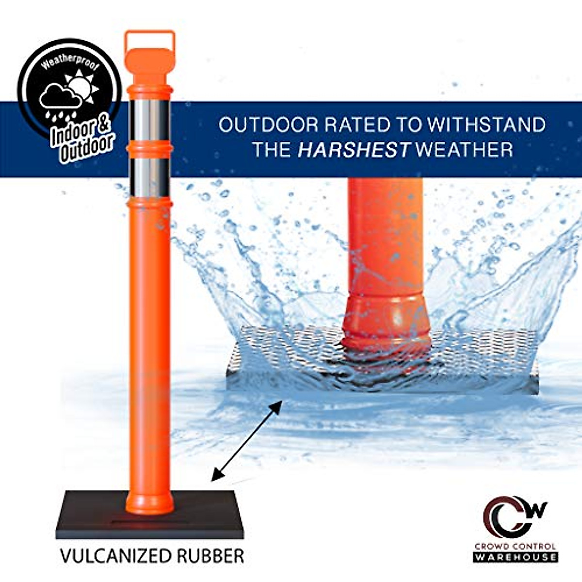 Crowd Control Warehouse Orange 45" Delineator Post, 3" Reflective Collars, 10lb Rubber Base