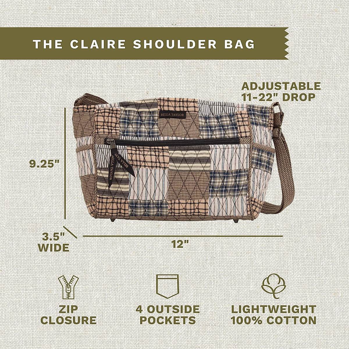 Bella Taylor Ninepatch Star Claire Quilted Cotton Country Patchwork Crossbody Shoulder Bag; Burgundy and Tan