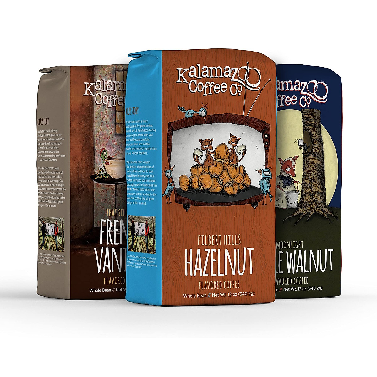 KALAMAZOO COFFEE COMPANY Whole Bean Flavored Coffee Variety Pack - Hazelnut, French Vanilla, & Maple Walnut | 12oz Bag (3 Pack)