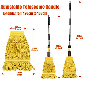 Commercial String Mop, Looped-End String Wet Mop with Extra Mop Heads Replacement, 57inch Mop Handle, Heavy Duty Industrial Commercial Mop for Home, Garage, Office Floor Cleaning, Blue/Yellow