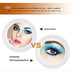 TOP4EVER Flexible 10X Magnifying Suction Mirror, Dimmable LED Lighted Vanity Mirror,Power Locking Suction Cup with Day Light and 360 Degree Swivel, Portable Vanity Mirror for Home Bathroom
