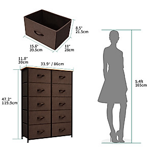 YITAHOME Tall Dresser with 10 Drawers, Furniture Storage Drawer Unit, Sturdy Steel Frame, Wooden Top & Easy Pull Fabric Bins, Organizer Tower Chest for Closet, Bedroom, Entryway, Nursery(Brown)