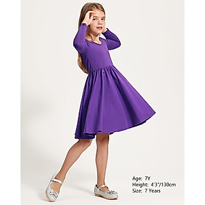 Stelle Long Sleeve Girls Dress Toddler Fall Dresses Skater Twirl Cotton A-Line Dress for School Casual Holiday Halloween(Purple, 7 Years)