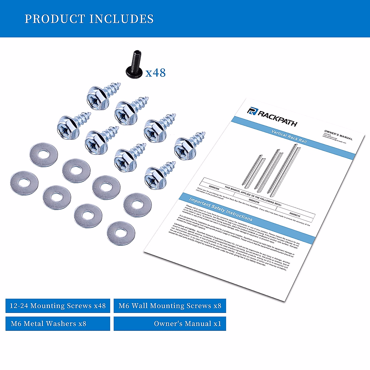 RackPath 12U Vertical Server Rack Rail Pair Kit, DIY Rack Build, 12-24 Screws x48