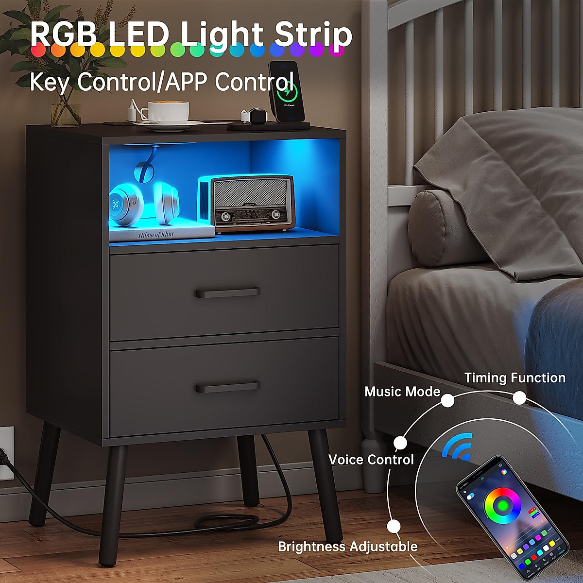 Diliplain Nightstand with Charging Station, Black Night Stand with LED Lights, Modern Side Table with Drawers and Open Shelf, End Table with Solid Wood Legs for Bedroom