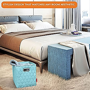 JIAessentials Small 11-inch Blue Foldable Diamond Patterned Faux Leather Storage Cube Bins Set of Four with Handles with Dual Handles for living room, bedroom and office storage
