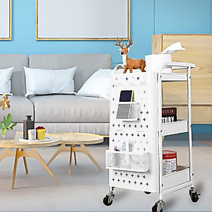 3-Tier Rolling Cart,Metal Utility Cart with Pegboard,Rolling Storage Carts with Wheels for Kitchen Living Room Office by Dailyart