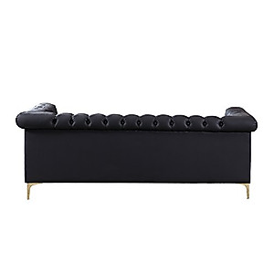 Iconic Home Winston Modern Tufted Gold Nail Head Trim Black PU Leather Sofa with Gold Tone Metal Y-Legs