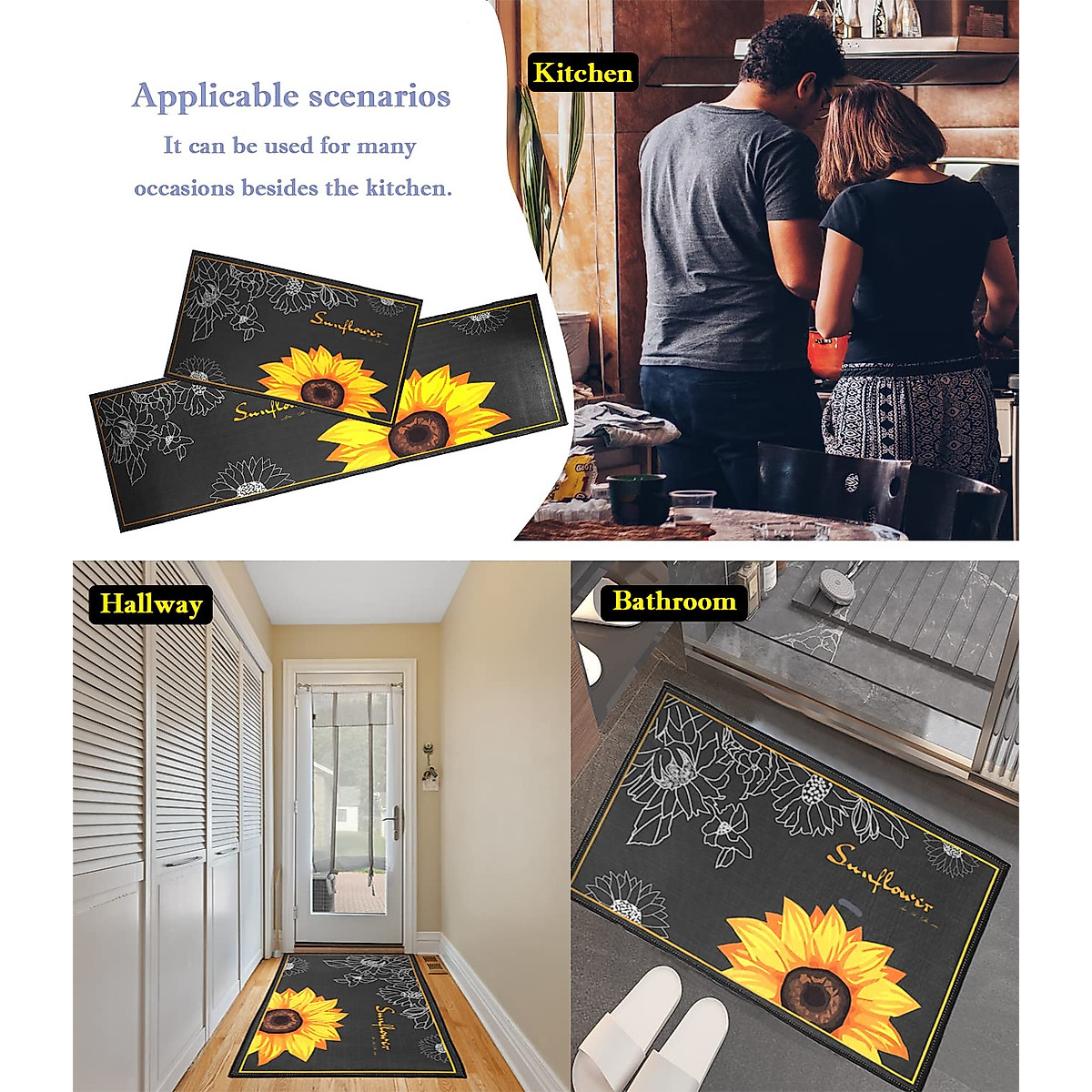 Sunflower Kitchen Mat, 2 Pieces Soft Sunflower Kitchen Rugs Washable Kitchen Floor Mats Kitchen Decor Rugs for in Front of Sink, Hallway, Laundry Room(47.4"x15.7"+23.6"x15.7") - 0.2" Thick Polyester