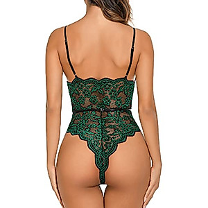 Avidlove Teddy Lingerie for Women Deep V One Piece Lingerie Sexy Lace Bodysuit (Black and Green,Medium)
