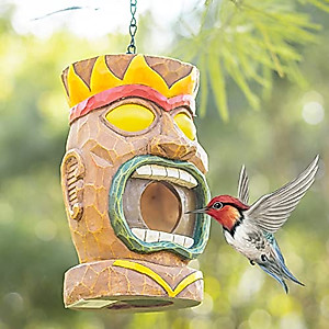 Ovewios Tiki Bird Houses for Outside, Tiki Head Solar Powered LED Light Waterproof Resin Statue Decorations Hanging Bird House for Outdoor Garden Yard Patio Tree Ornament, Green