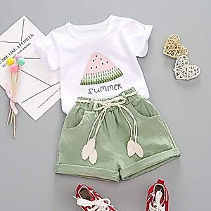 Xfglck 1-4T Toddler Kids Baby Girls Summer Outfits Clothes Watermelon Print Tops + Shorts Pants with Belt Short Set (Green set, 3-4 y)