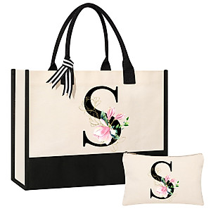AYGE Personalized Initial Canvas Beach Bag Cosmetic Bags, Monogrammed Gifts for Women, Tote Bag, Makeup Bag, Birthday Gifts for Sister Mom Teacher Bridesmaid (S)