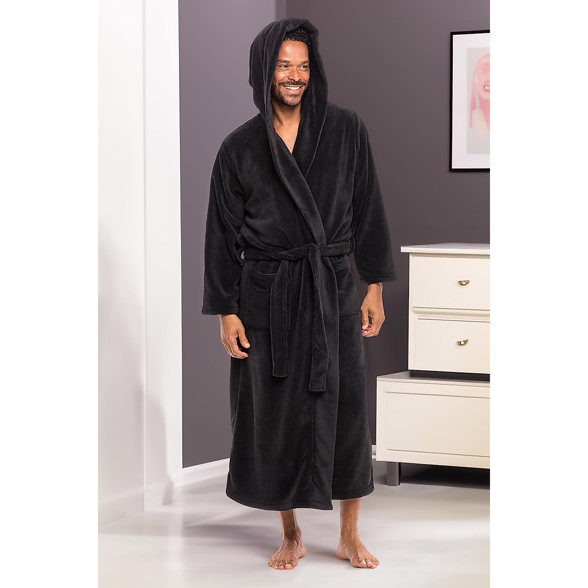 Alexander Del Rossa Mens Robe, Plush Fleece Hooded Bathrobe Men, Men's Bathrobes, Big and Tall Bath Robe for Men Black XL (A0125BLKXL)