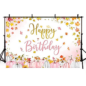 AIBIIN 7x5ft Happy Birthday Backdrop for Sweet Grils Fall Birthday Party Decorations Blush Pink Pumpkins Gold Glitter Maple Leaf Photography Background Bday Banner Photo Shoot Props
