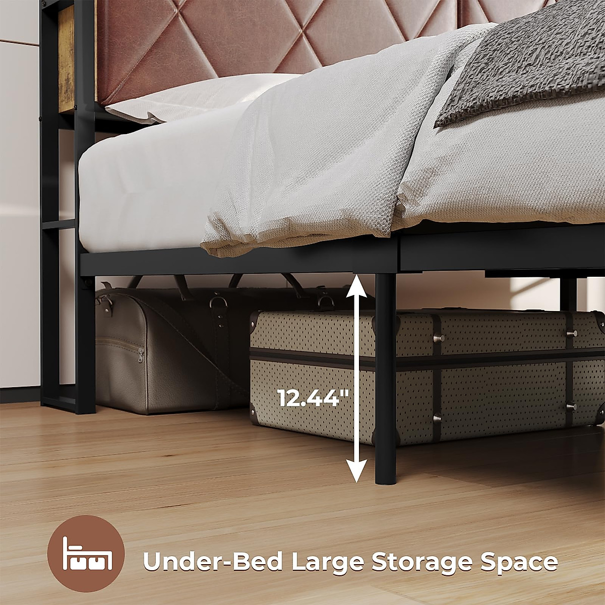 DICTAC King LED Bed Frame with Hidden Storage Headboard, Brown Leather Upholstered Bed Frame with 2 Drawers, Metal Platform King Led Headboard with Charging Station